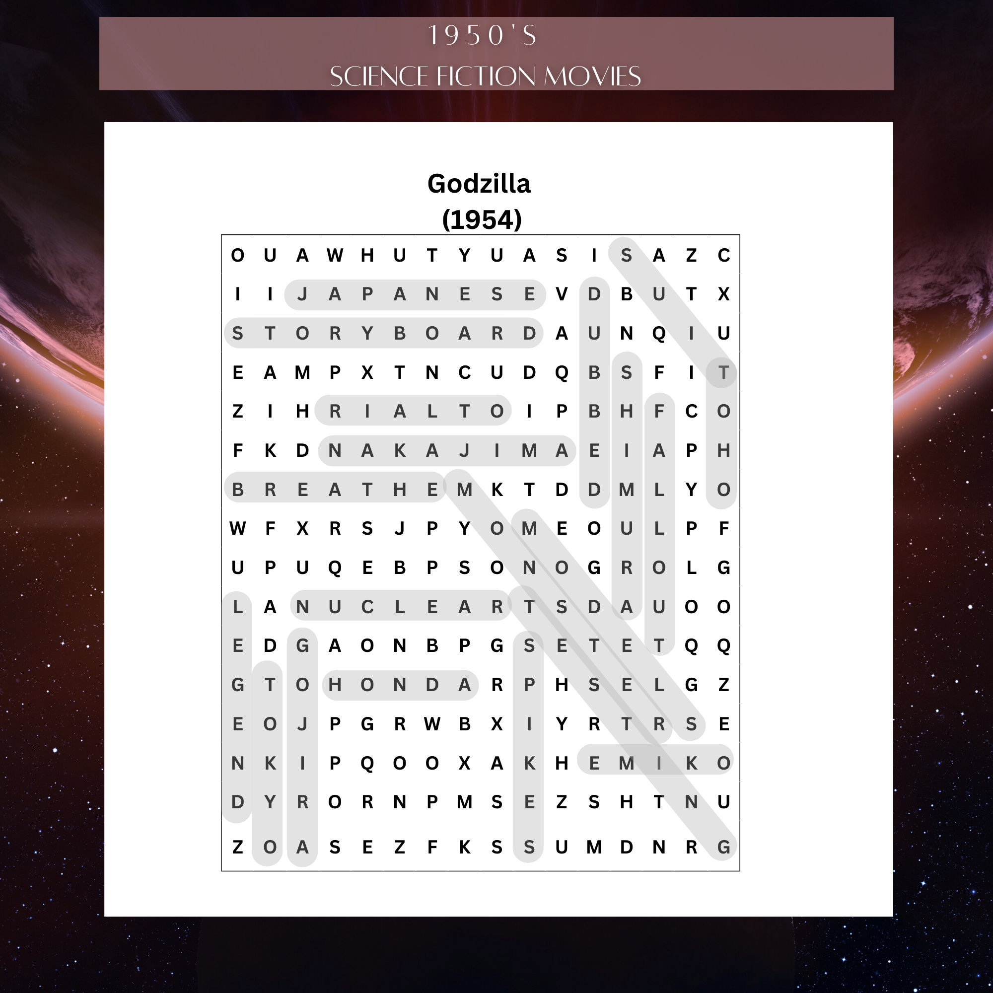1950's Sci-fi Movies Godzilla (1954) Word Search - Etsy