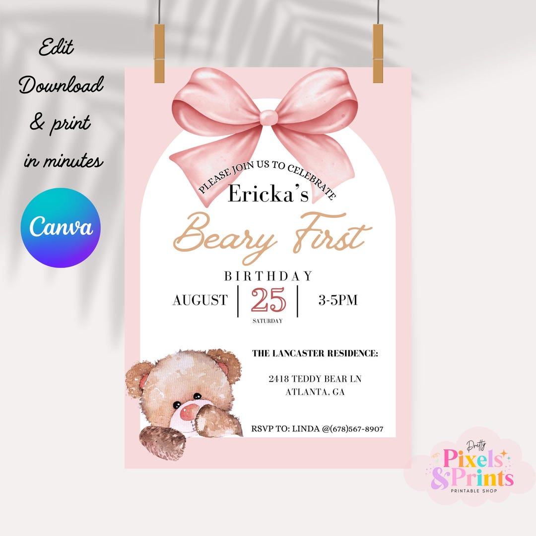 Editable, Beary First Birthday Invite, Girls Birthday Invitation ...