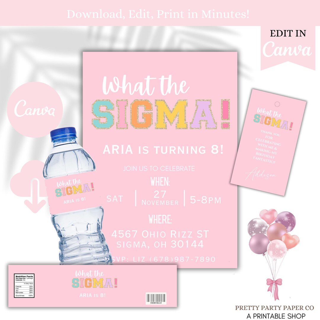 What the Sigma Birthday Invitation Set | Includes Thank You Tag & Water ...