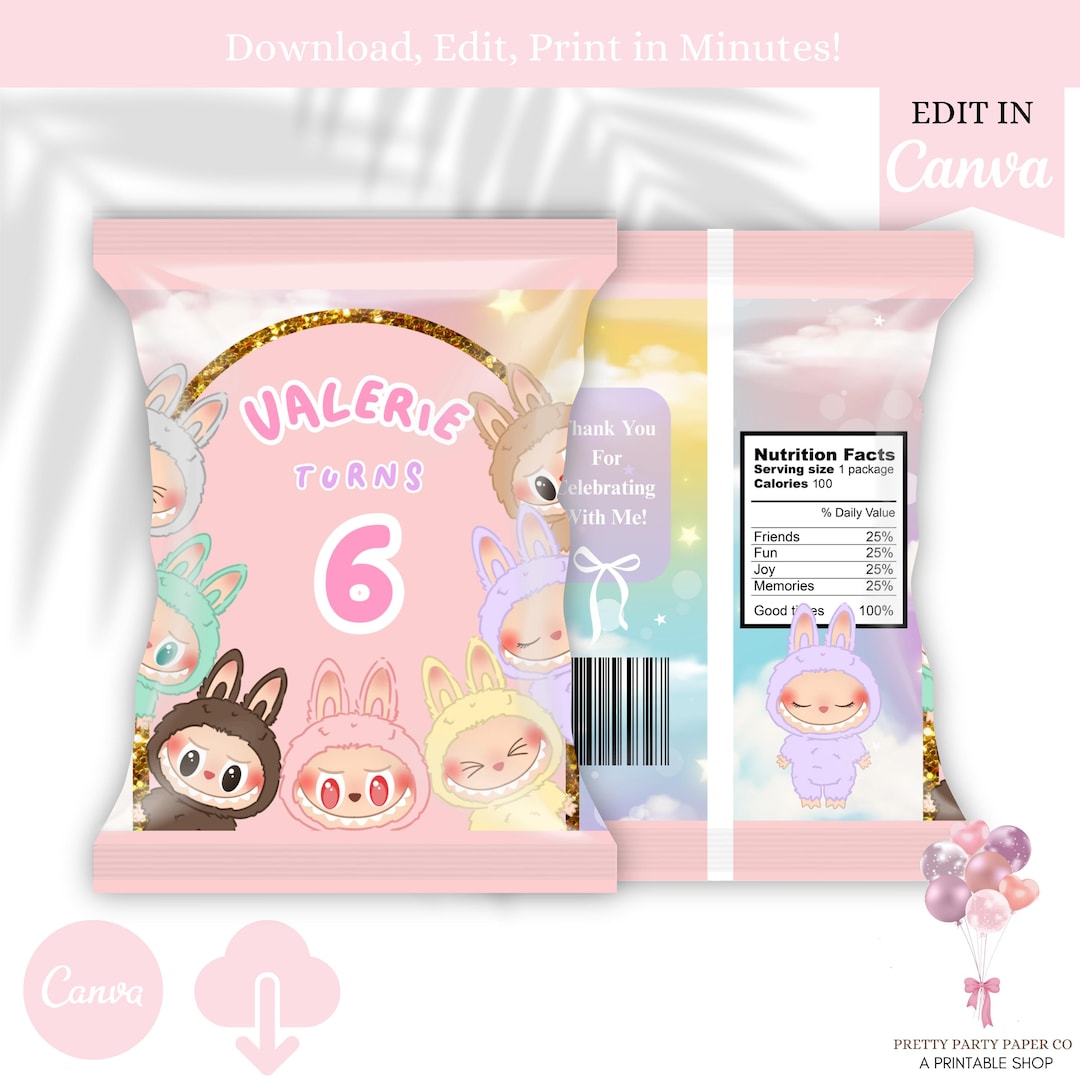 Labubu Chip Bag Canva Template | Printable Labubu Party Favor ...