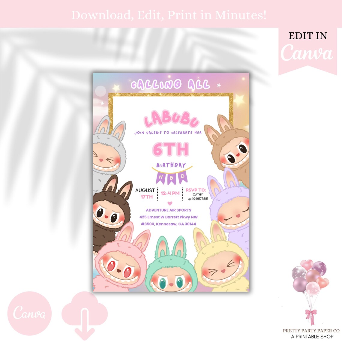 Lababu Birthday Invitation | 5x7 Editable Canva Template | Cute Monster ...