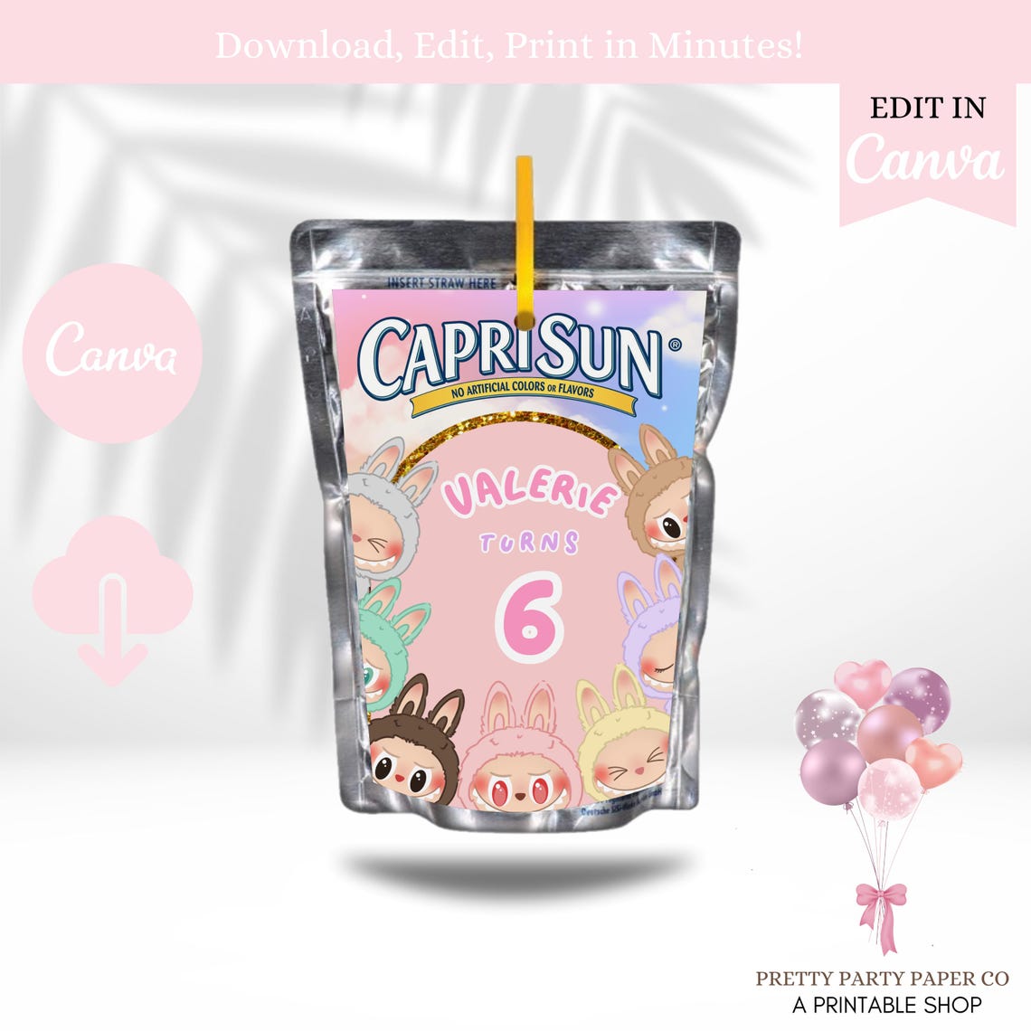 Labubu Caprisun Editable Label | Kawaii Party Favor Tag Canva Template ...