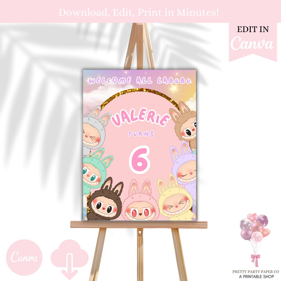 Labubu Welcome Sign Canva Template | Printable Party Sign | Kawaii ...