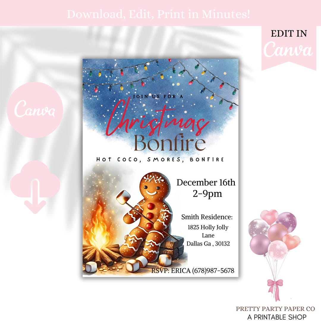 Bonfire Christmas Party Invitation Editable Holiday Invite Digital ...