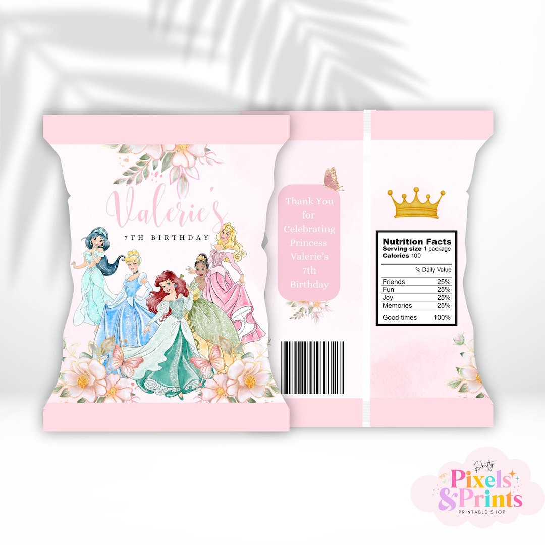 Princess Theme Chip Bag Template Editable in Canva | DIY Party Favor ...