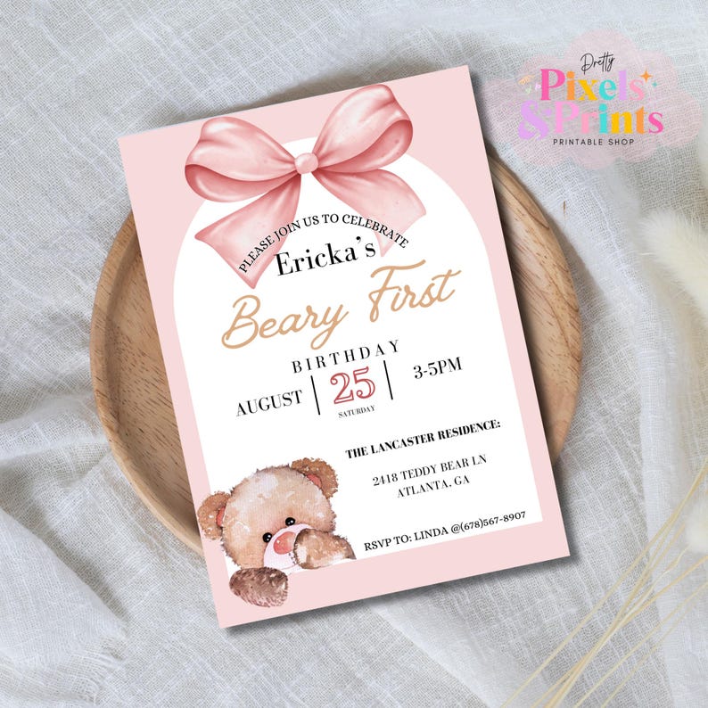 Editable, Beary First Birthday Invite, Girls Birthday Invitation ...