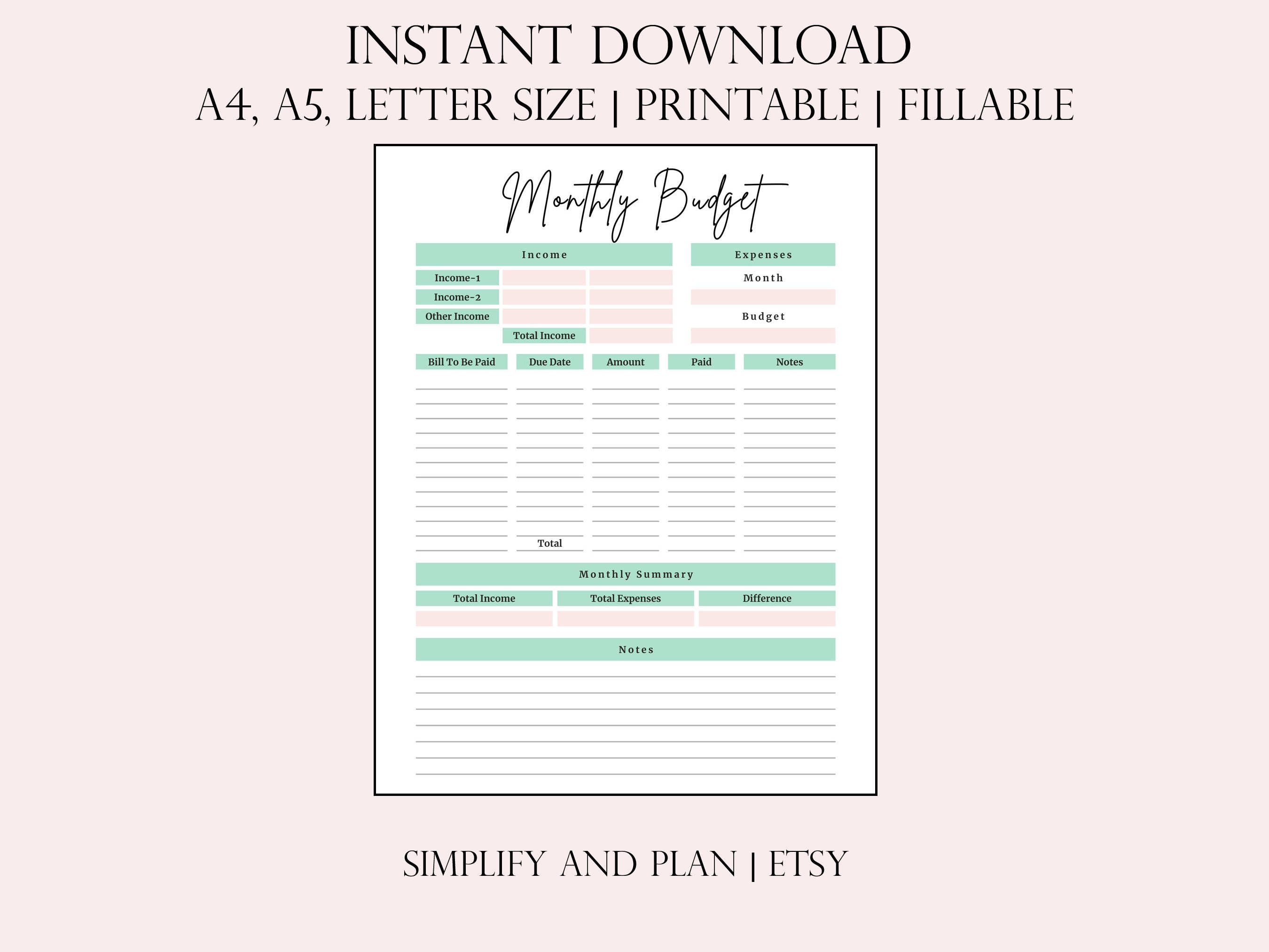 Monthly Budget Printable PDF Digital Planner, Financial Organizer ...