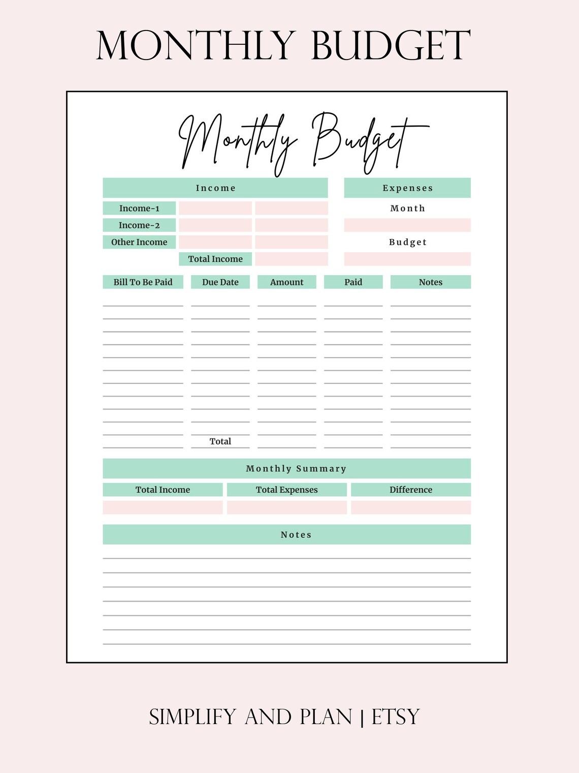 Monthly Budget Printable PDF Digital Planner, Financial Organizer ...