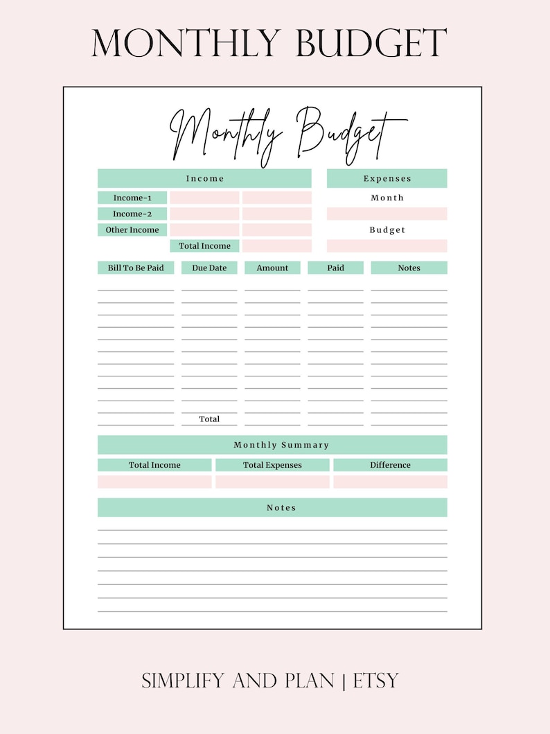Monthly Budget Printable PDF Digital Planner, Financial Organizer ...