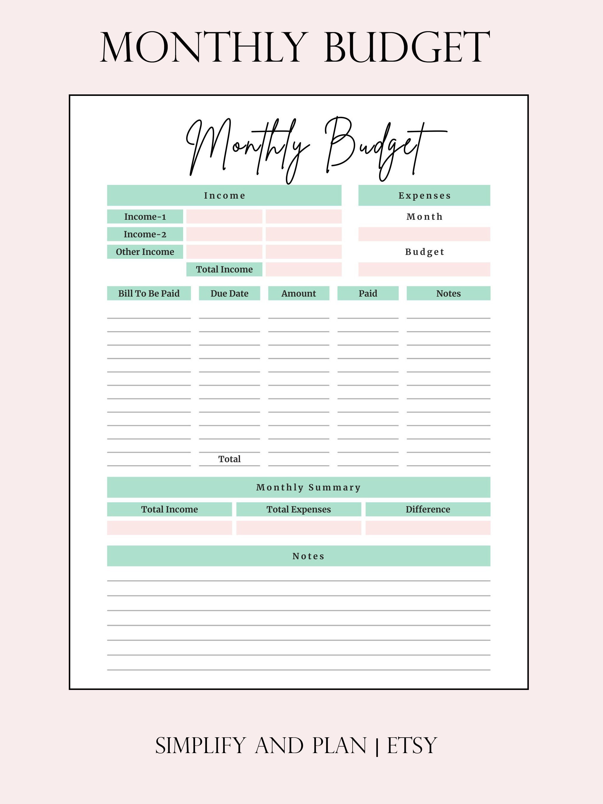 Monthly Budget Printable PDF Digital Planner, Financial Organizer ...