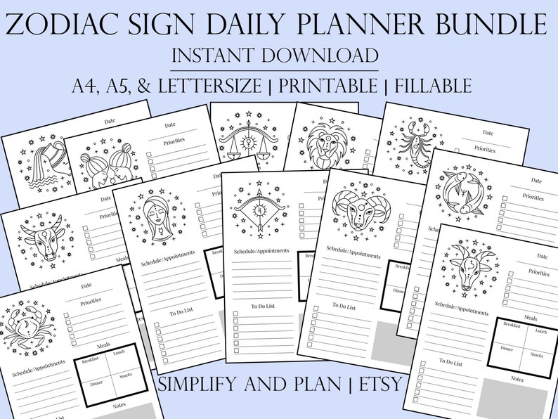 Zodiac Sign Daily Planner Bundle Printable PDF Digital Planner ...