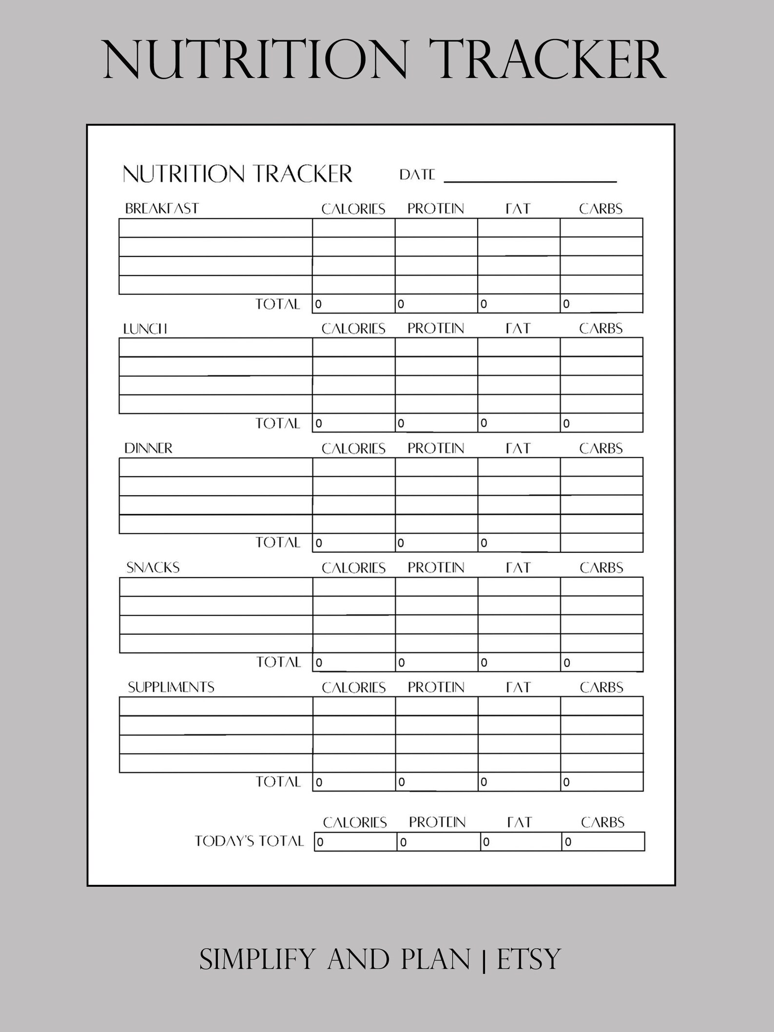 Nutrition Tracker Printable Diet Planner Daily Calorie Protein Fat