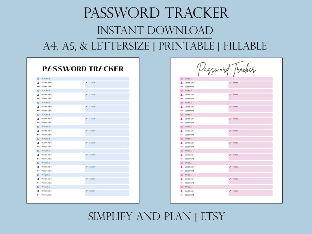 Password Tracker Printable PDF Digital Planner, Blue and Pink, Username ...