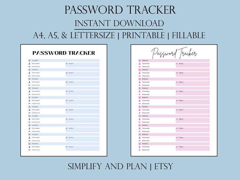 Password Tracker Printable PDF Digital Planner, Blue and Pink, Username ...