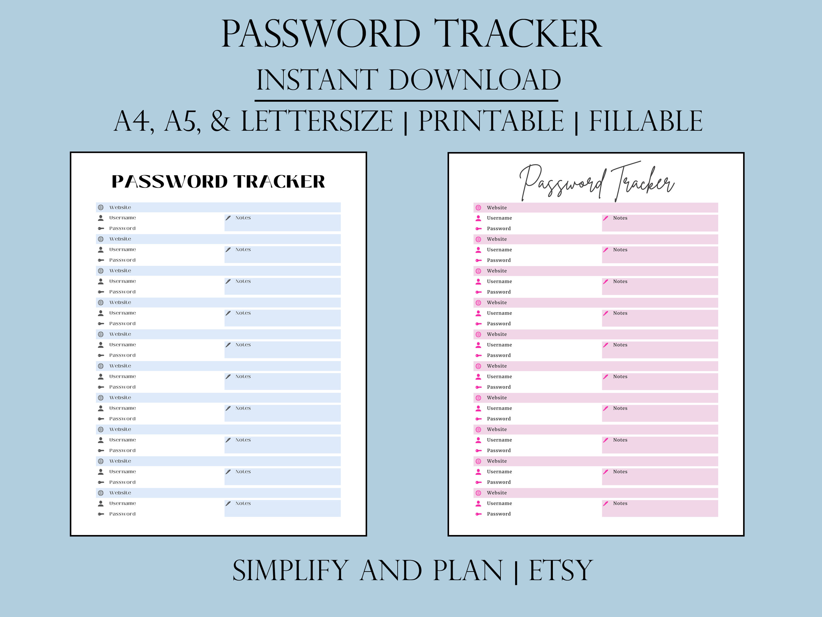 Password Tracker Printable PDF Digital Planner, Blue and Pink, Username ...