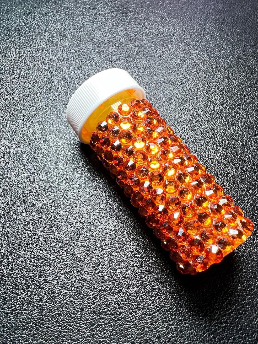 Bedazzled Pill Medicine Bottle Mini With Orange Rhinestones and Push ...