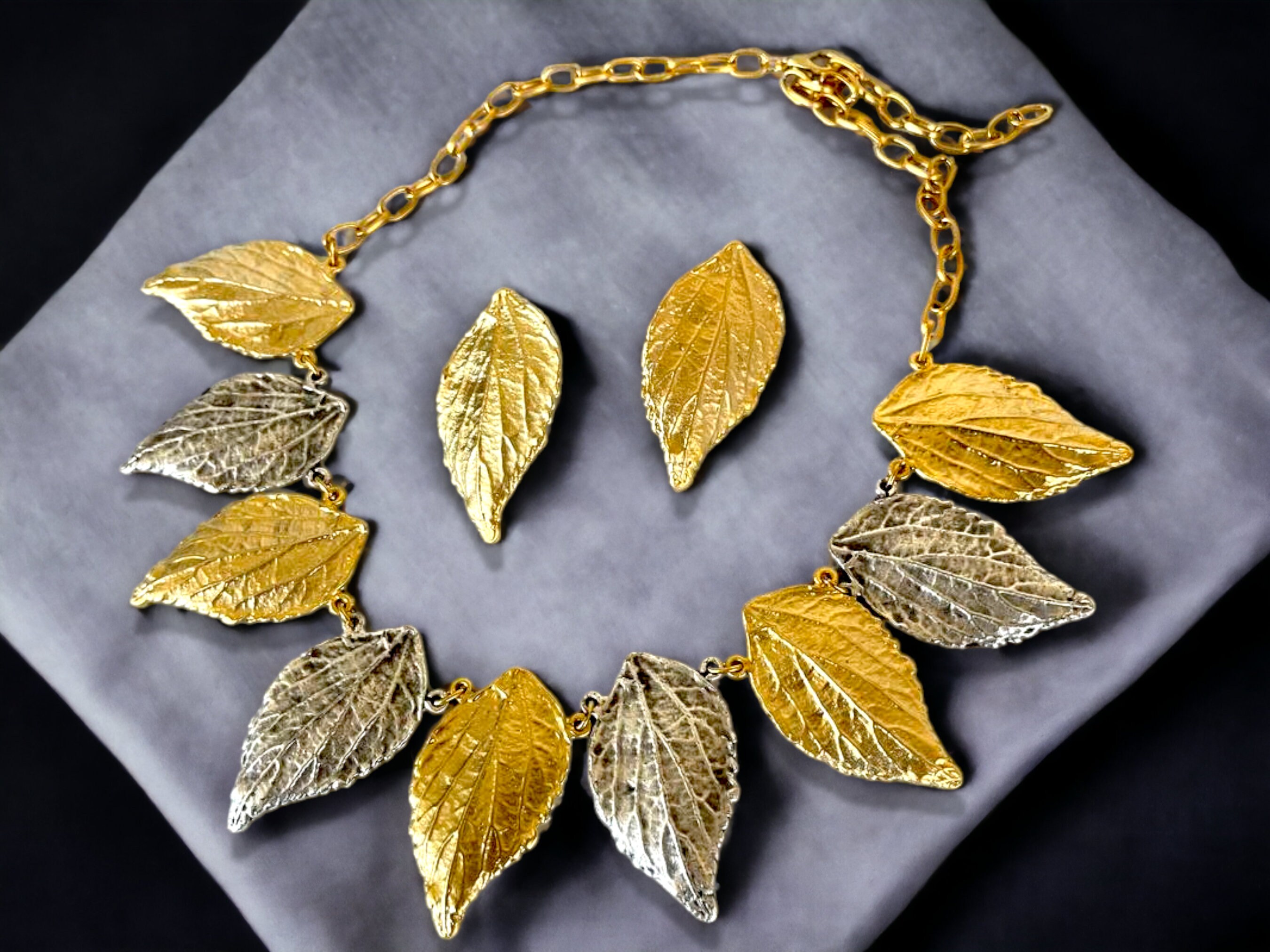 Handmade Gold Plated Leaf Necklace Earrings Set, Gold Statement, Modern ...