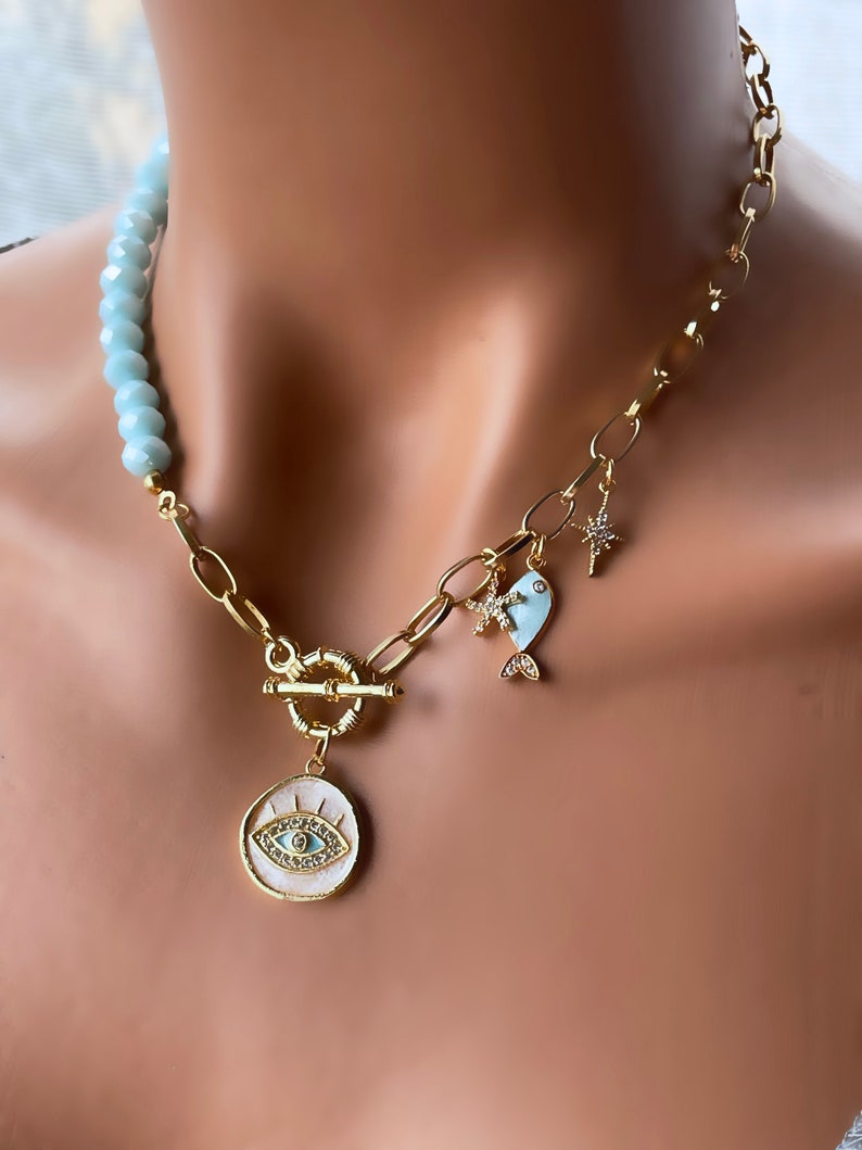 Bohemian Light Blue Evil Eye Layered Gold Plated Chain Charm - Etsy