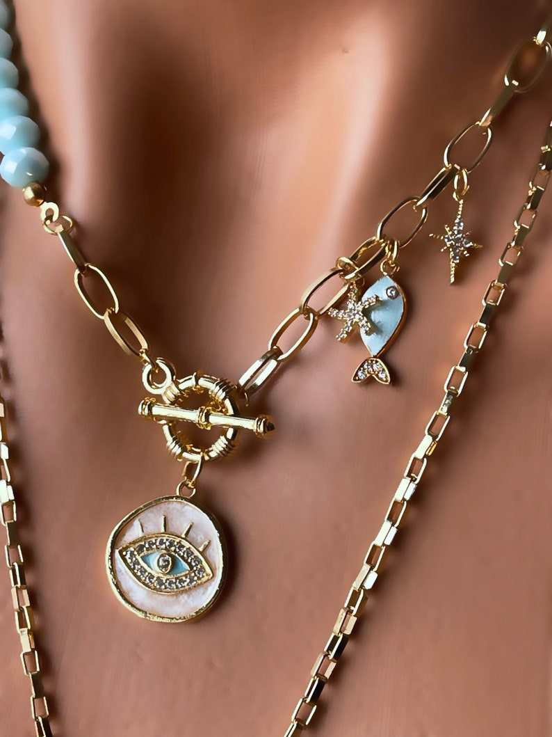 Bohemian Light Blue Evil Eye Layered Gold Plated Chain Charm - Etsy
