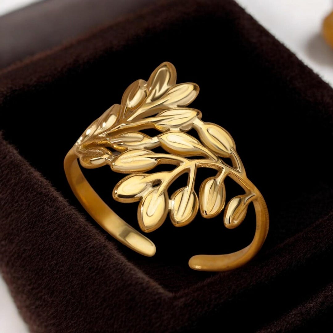 Gold Stainless Steel Open Ring, Leaf Adjustable Ring, Hypoallergenic ...