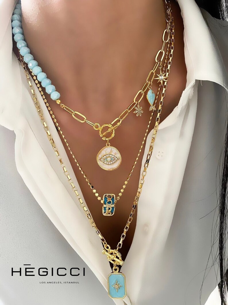 Bohemian Light Blue Evil Eye Layered Gold Plated Chain Charm - Etsy