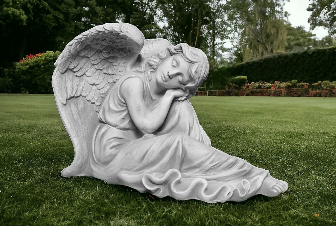 Concrete Angel Leaning on Base With Foot Out Statue Massive Sitting ...