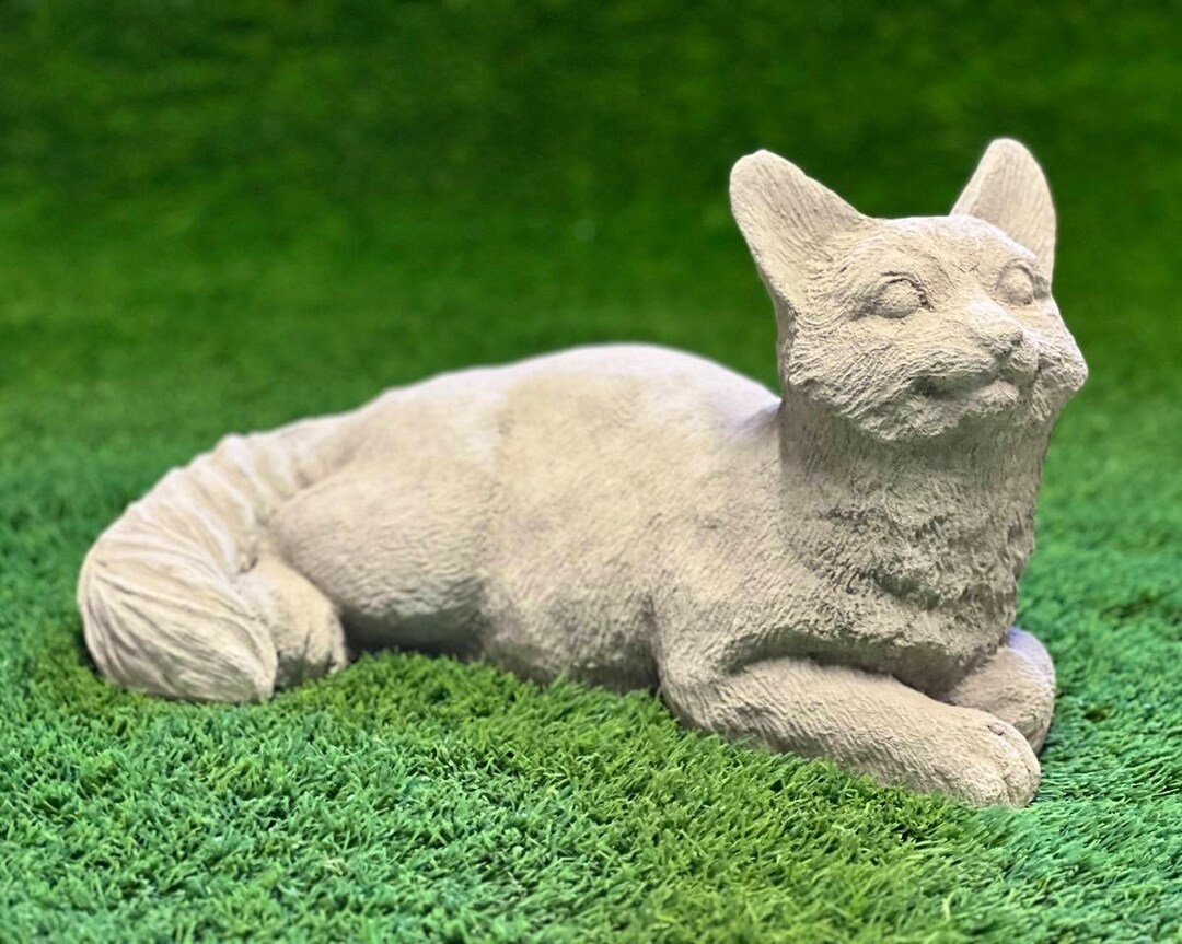 Laying Cat Statue Concrete Bushy Tail Cat Figurine Laying Detailed Cat ...