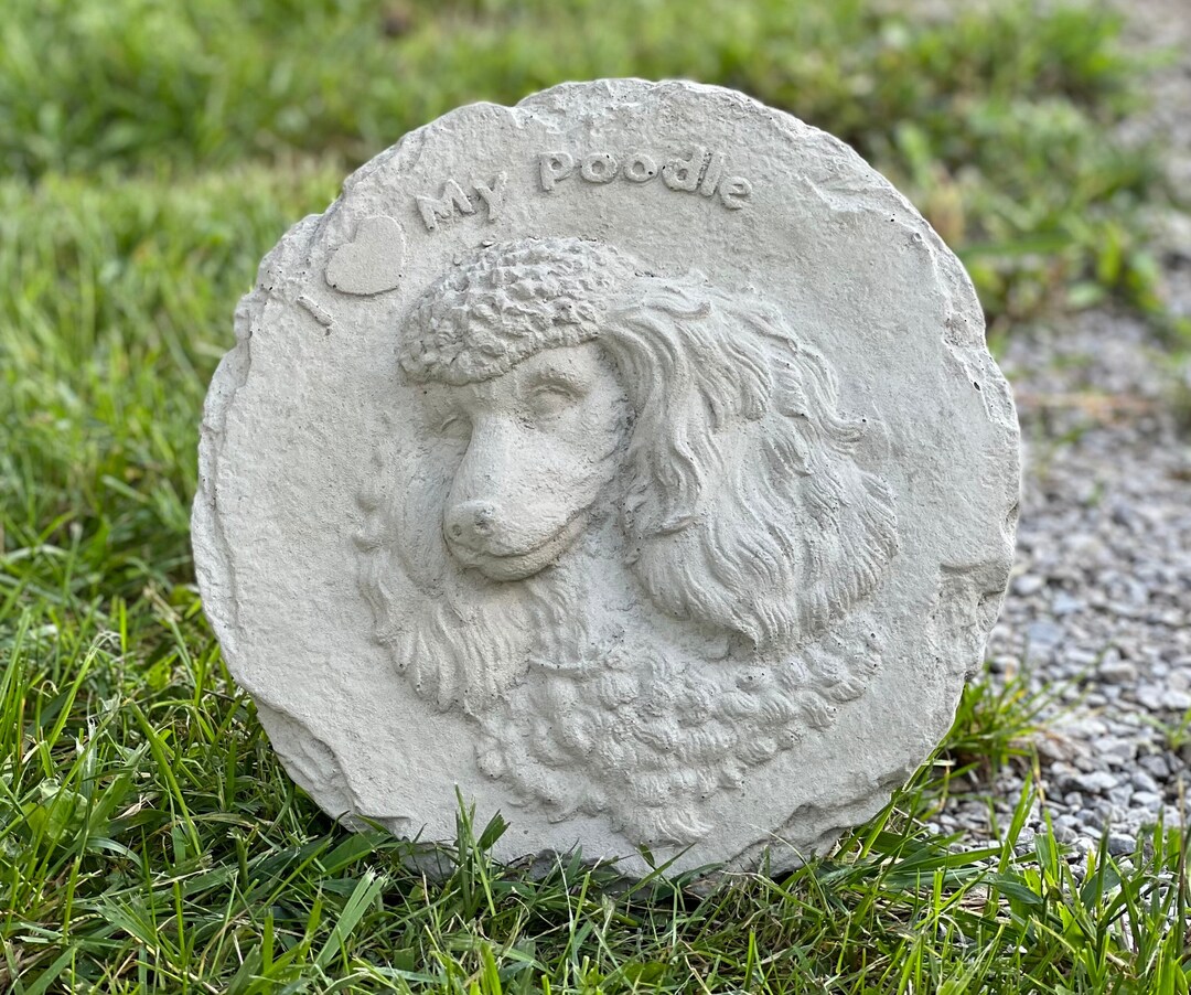 Concrete Poodle Dog Statue Rounded Plate Poodle Memorial Figurine ...