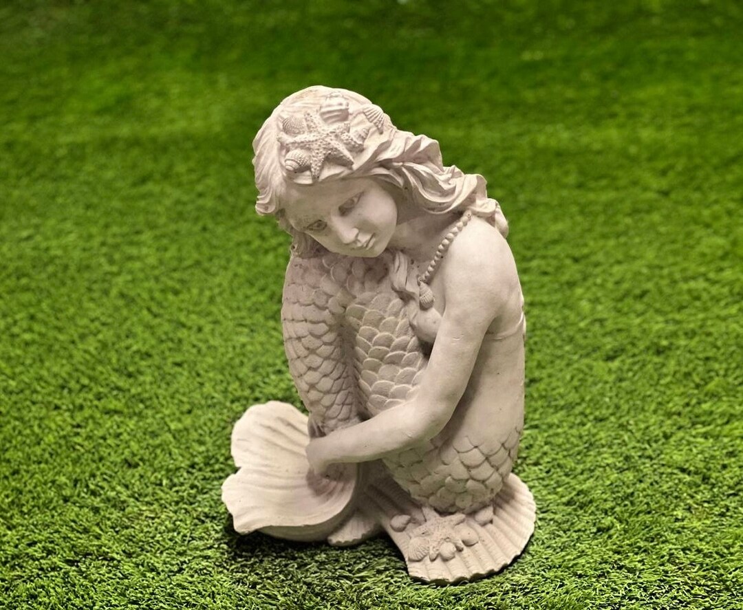 Concrete Sitting Mermaid Statue Detailed Curled up Mermaid Figurine ...