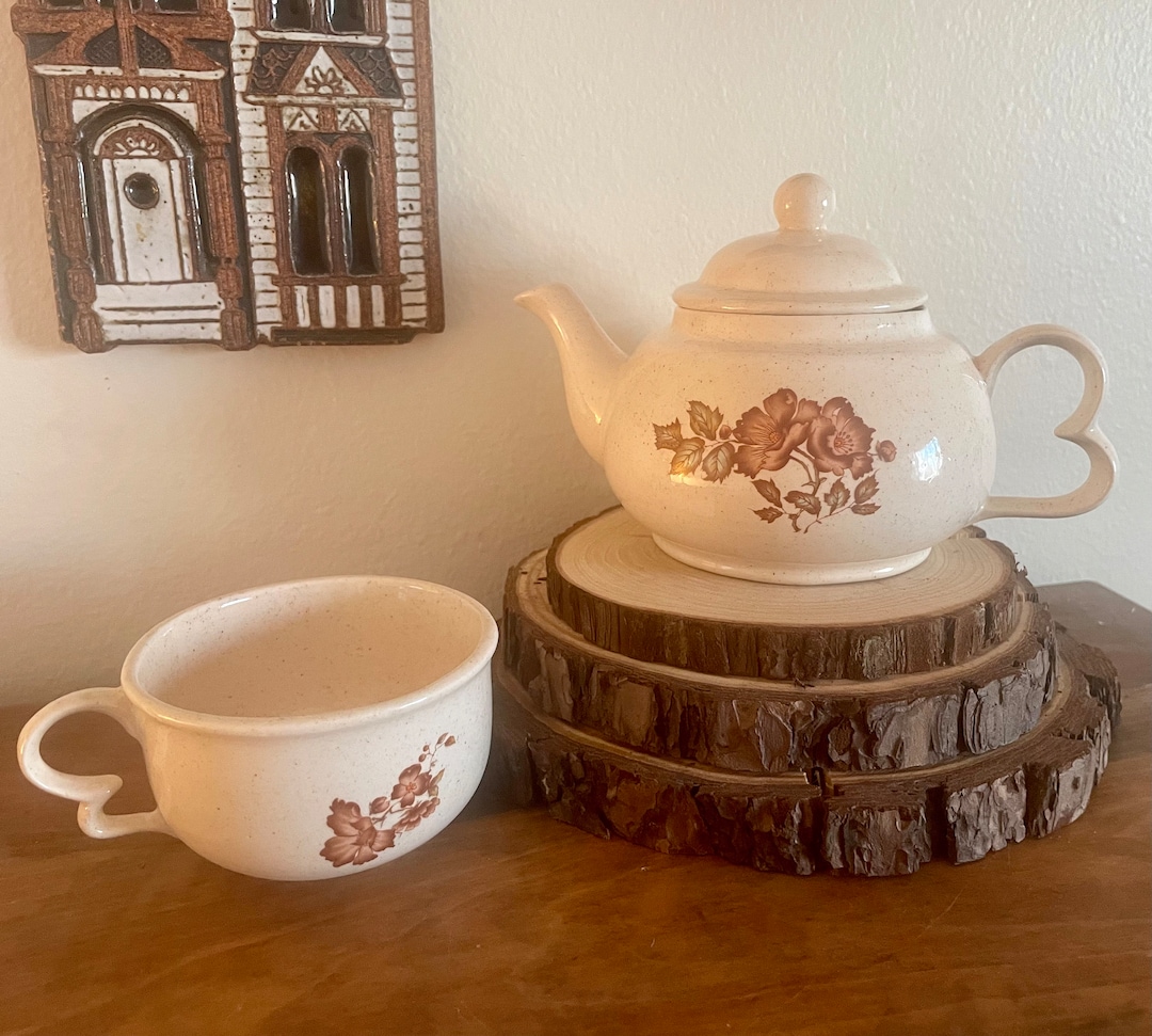Vintage 1980s Teapot & Teacup Set Brown Floral Handmade - Etsy