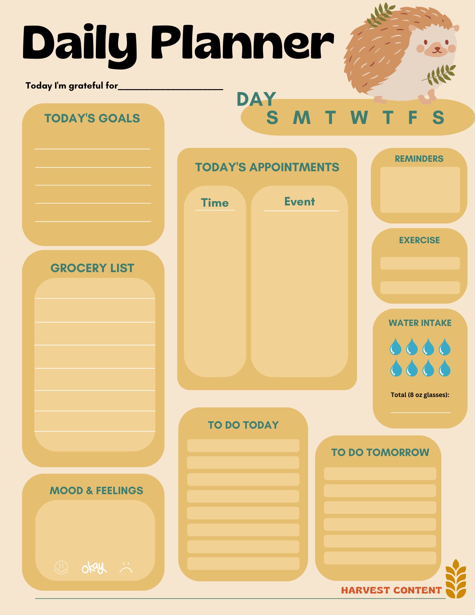 Printable Daily Life Planner Hedgehog Everyday Planner - Etsy
