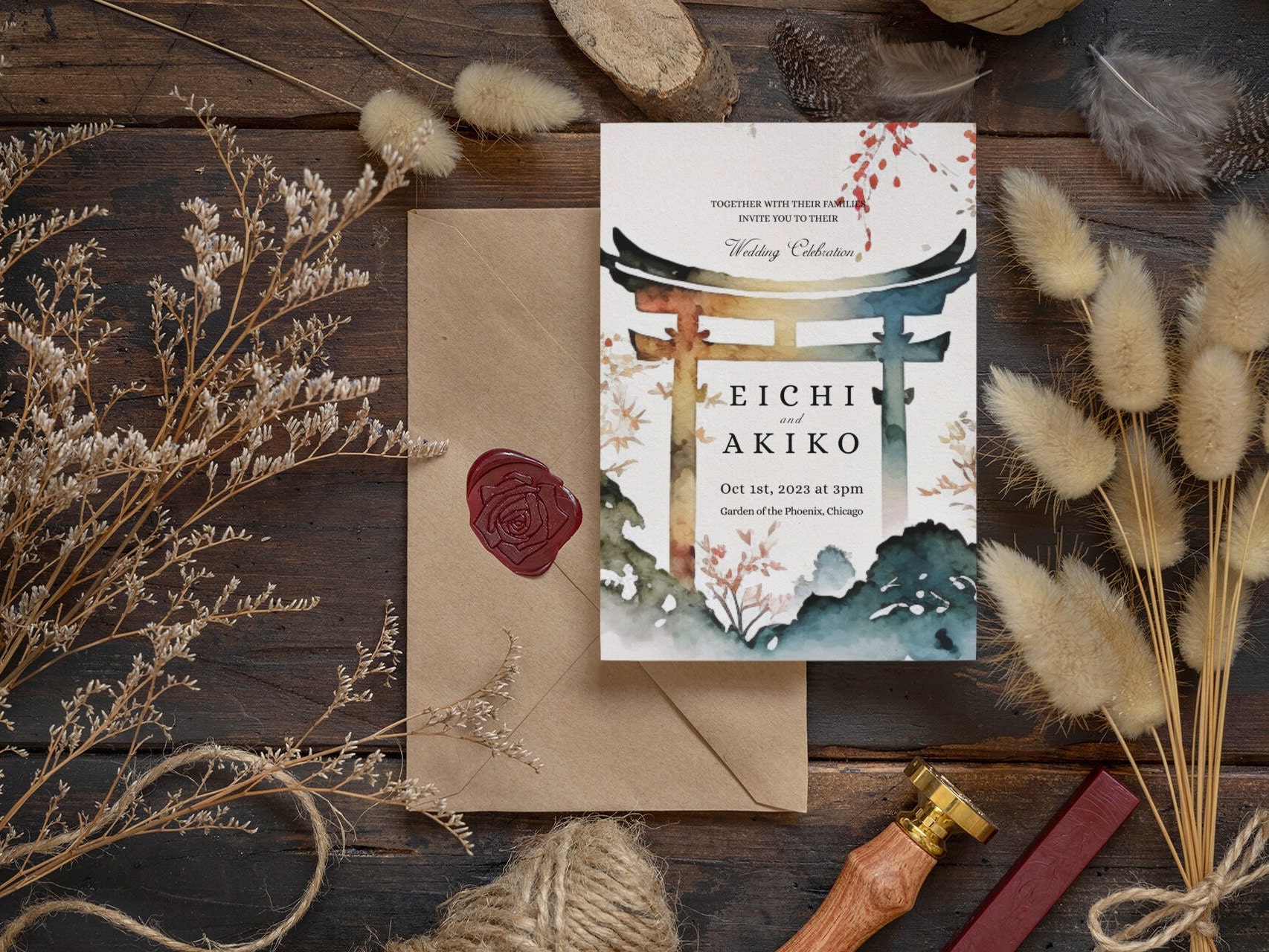 Oriental Watercolor Wedding Invitation Template. Asian/chinese/japanese ...