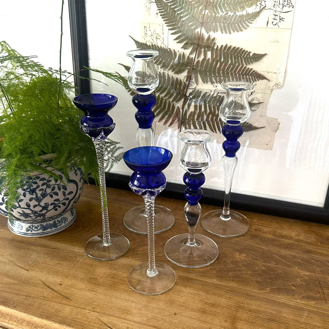 Set of Five Cobalt Blue Glass Stemmed Candle Sticks - Etsy