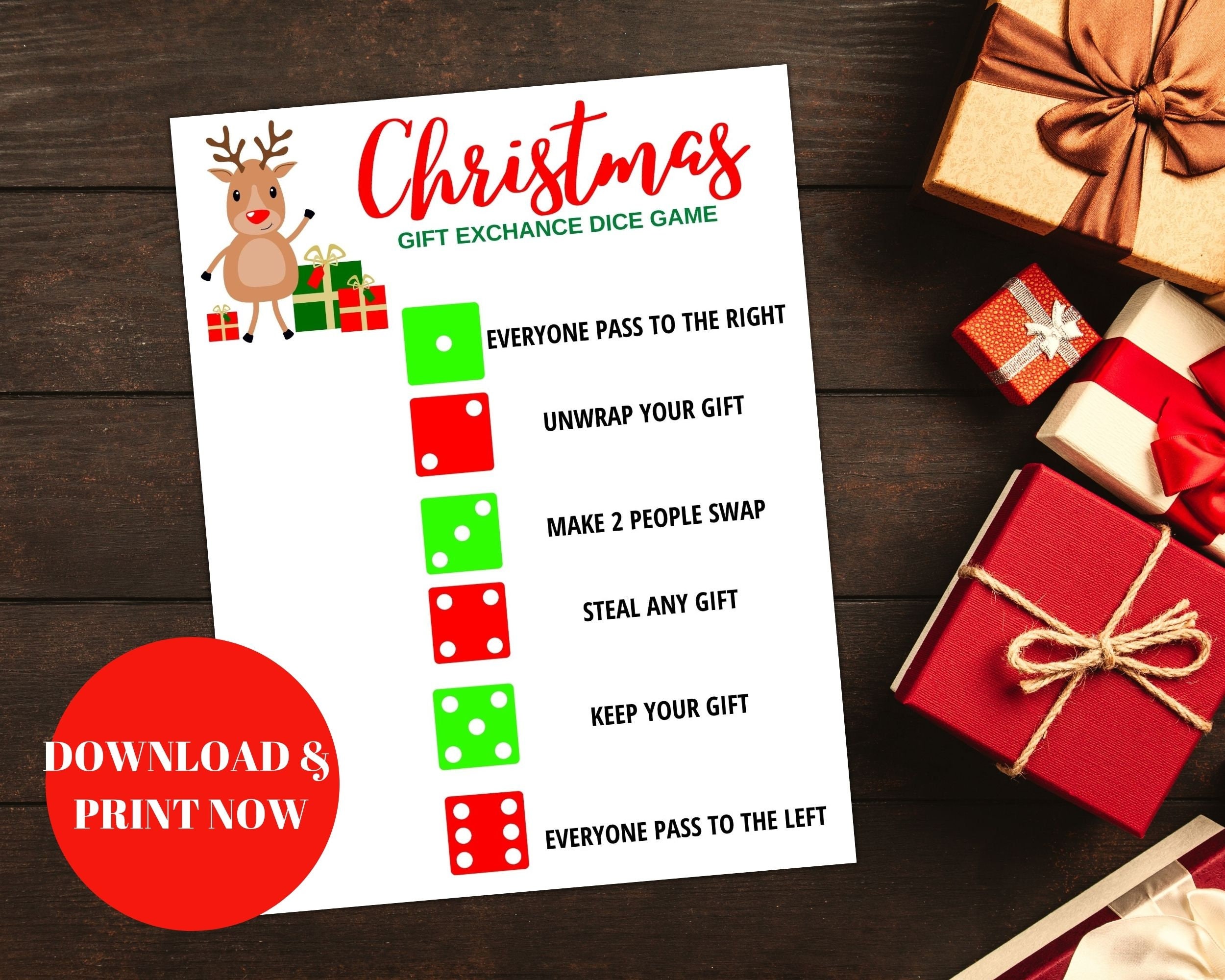 Printable Christmas Gift Exchange Dice Game, Last Minute Holiday Party ...