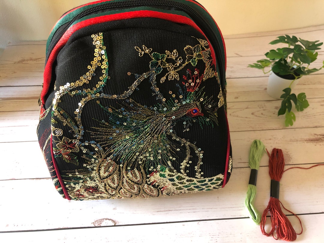 Hand Embroidered Backpack Mini Canvas Sequin Backpack Phoenix Backpack ...