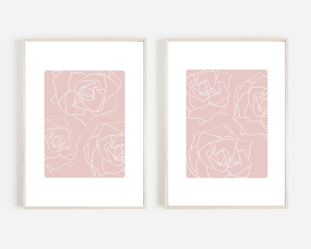 Rose Line Art Prints Set of 2, Instant Download, Printable Pink Rose ...