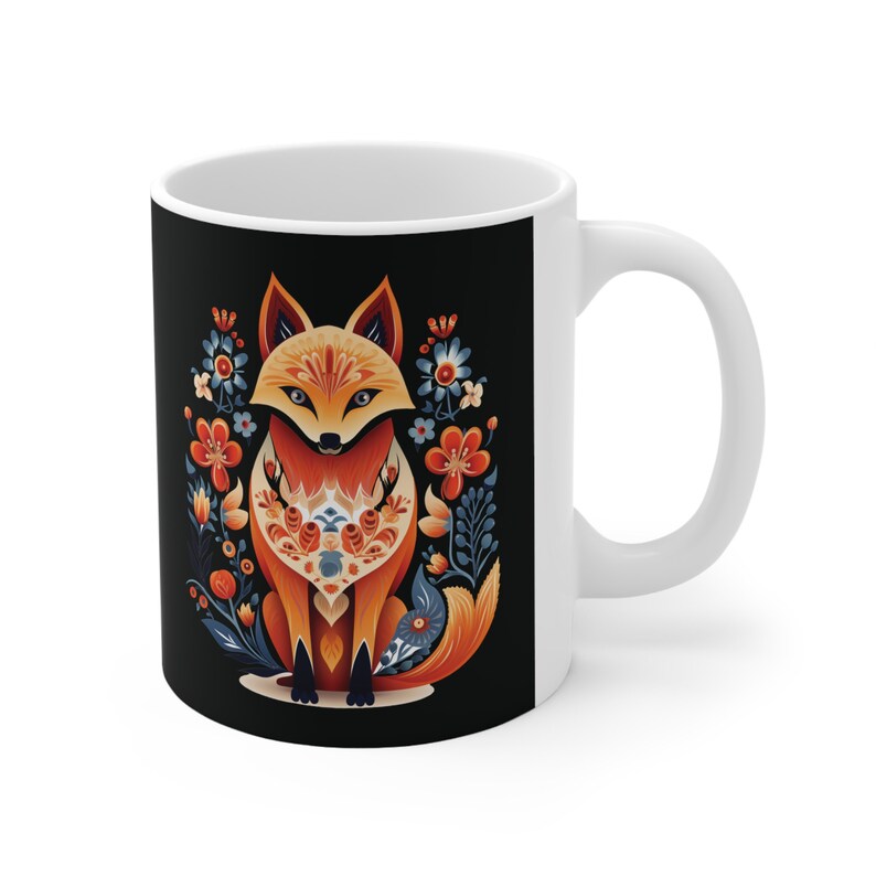 Fox Mug, Folk Art Fox, Floral Fox Mug, Cute Fox Coffee, Tea Mug, Cute ...