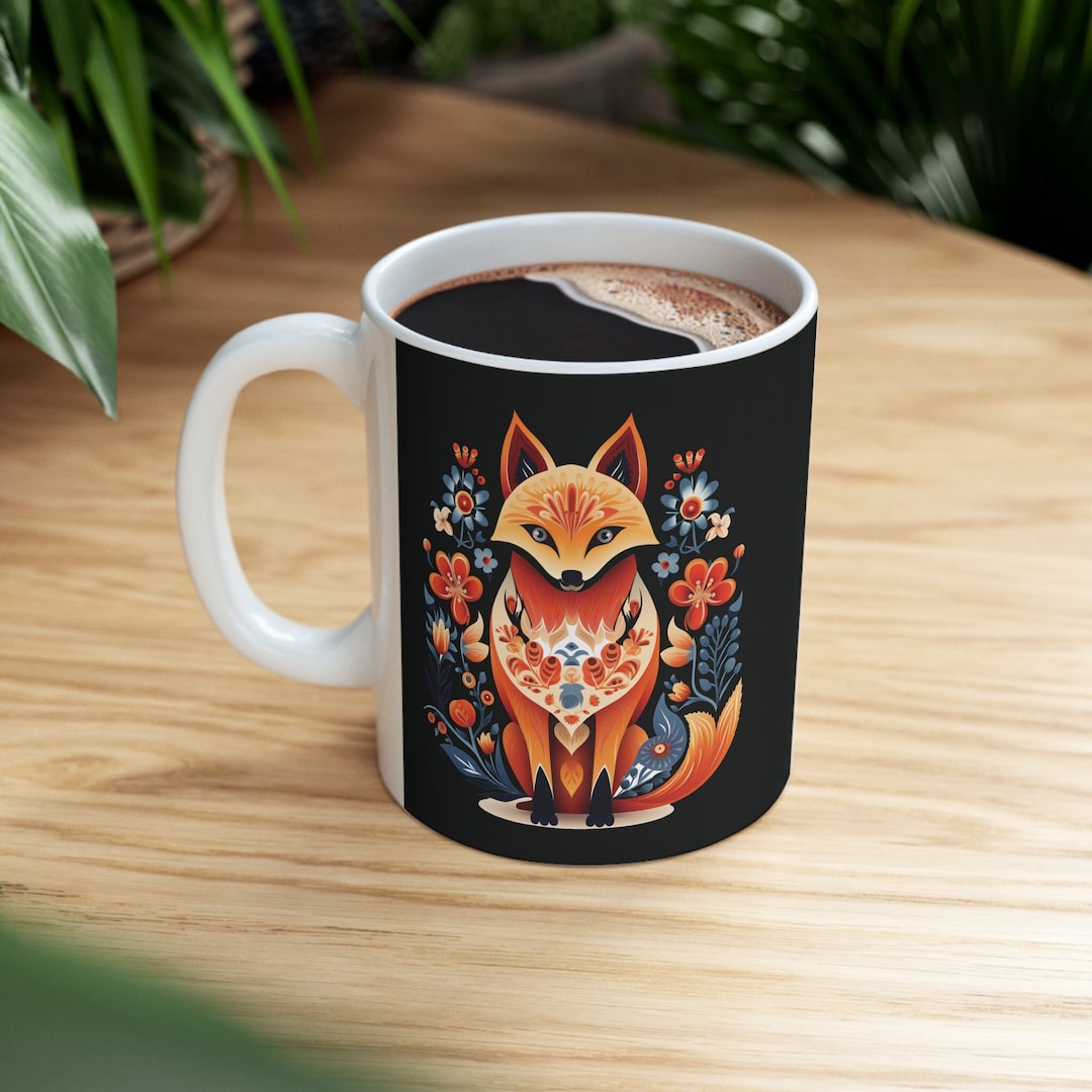 Fox Mug, Folk Art Fox, Floral Fox Mug, Cute Fox Coffee, Tea Mug, Cute ...