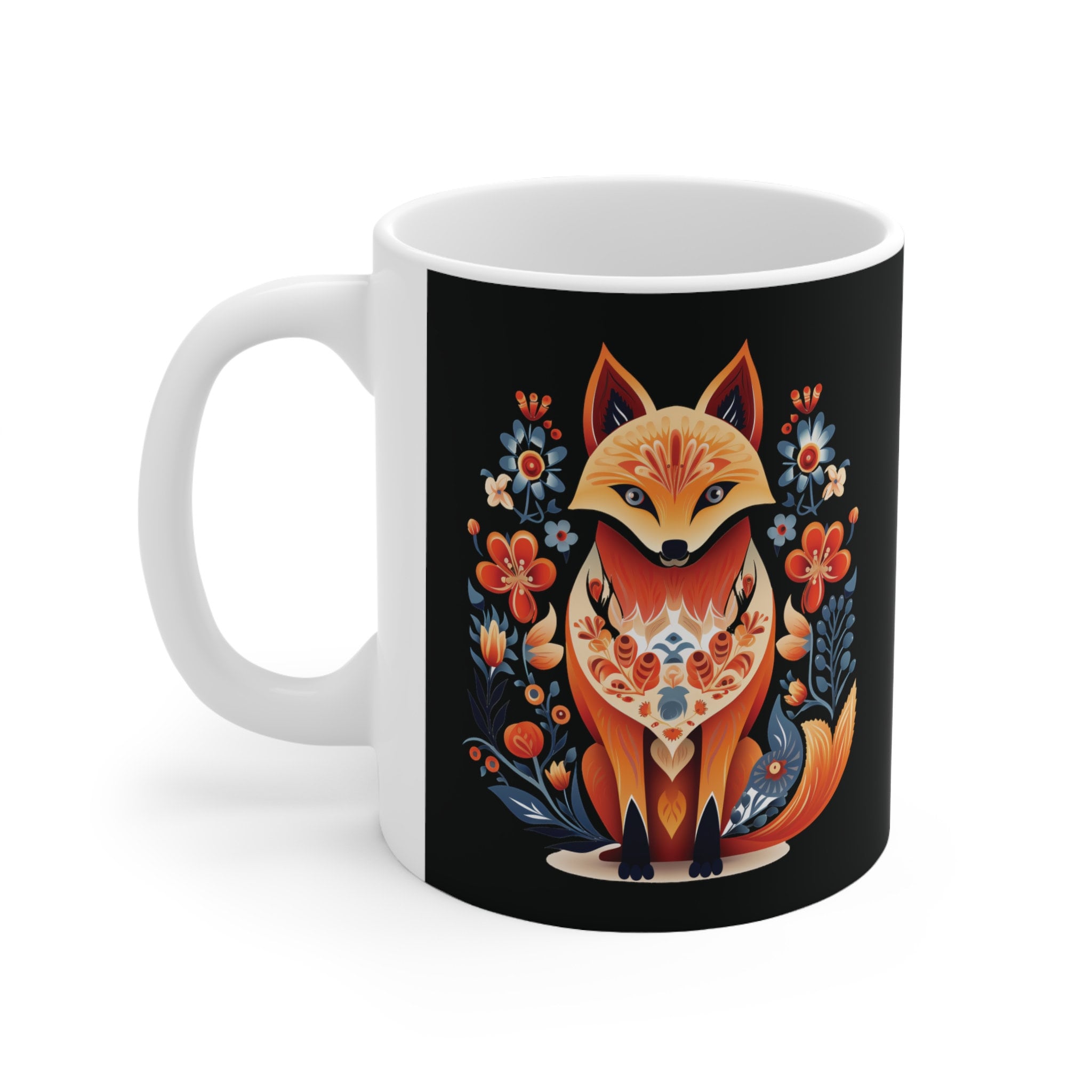 Fox Mug, Folk Art Fox, Floral Fox Mug, Cute Fox Coffee, Tea Mug, Cute ...