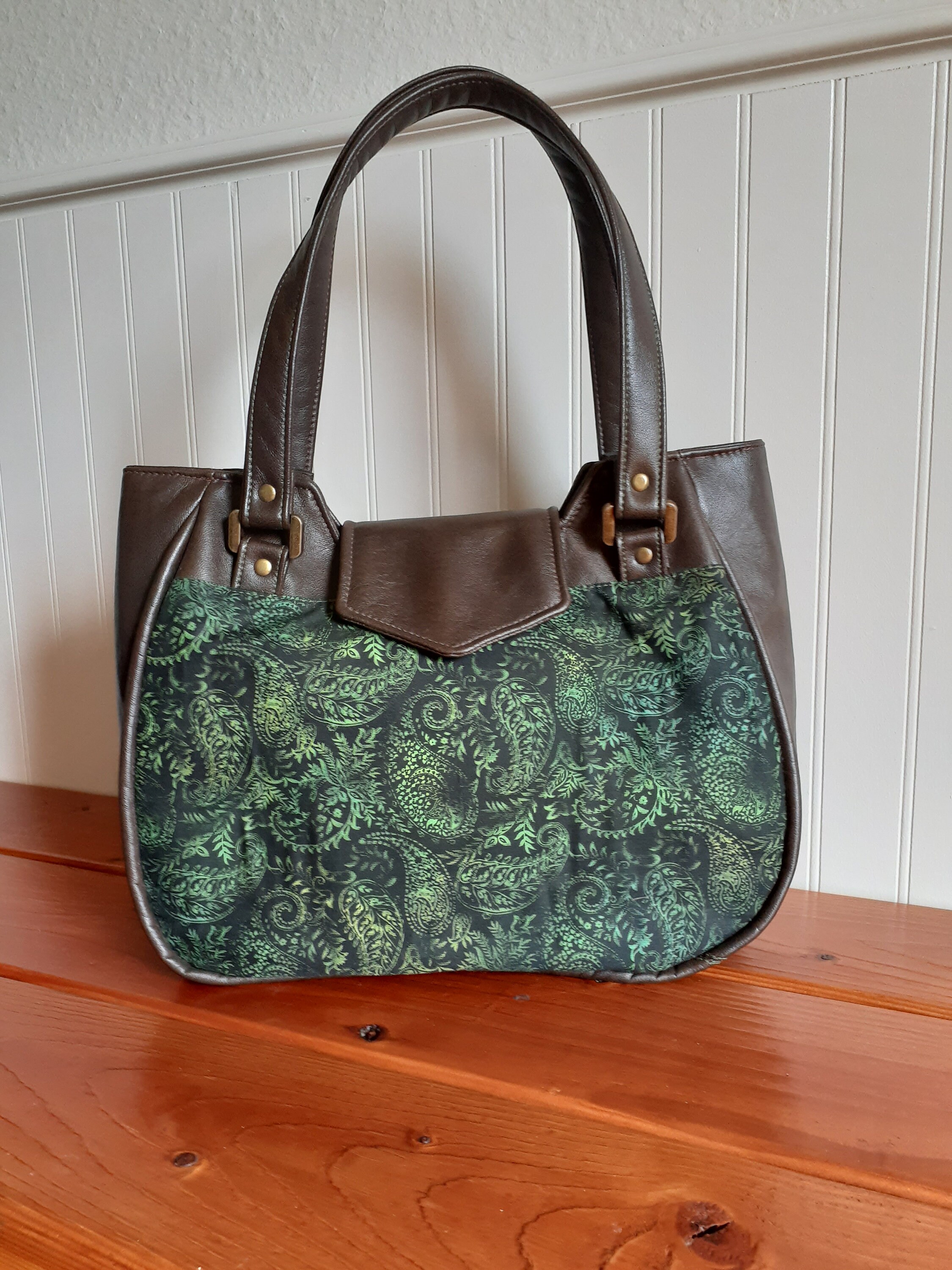 Brown Faux Leather With Green Floral Print Hand Bag, Shoulder Bag With ...