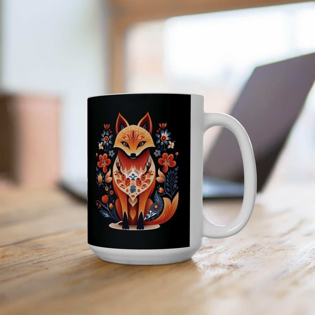 Fox Mug, Folk Art Fox, Floral Fox Mug, Cute Fox Coffee, Tea Mug, Cute ...