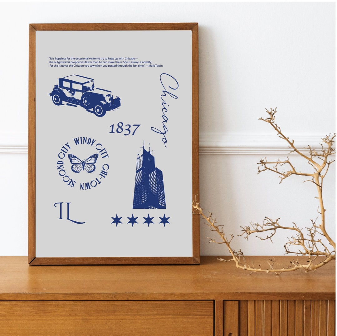 Chicago Symbols Wall Art Print, Vintage Wall Art, Chicago Art Print ...