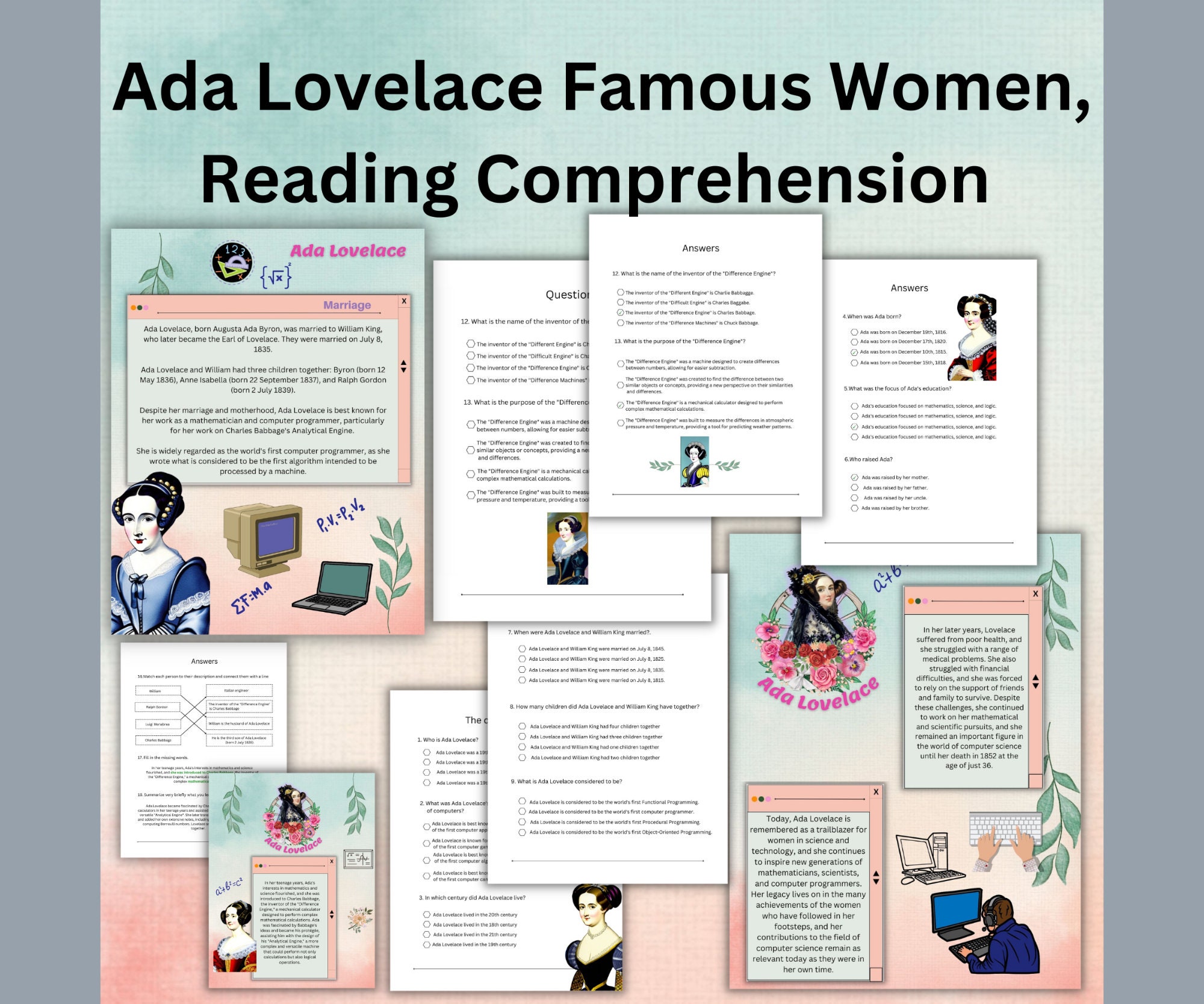 Ada Lovelace Famous Women, Reading Comprehension Passage - Etsy