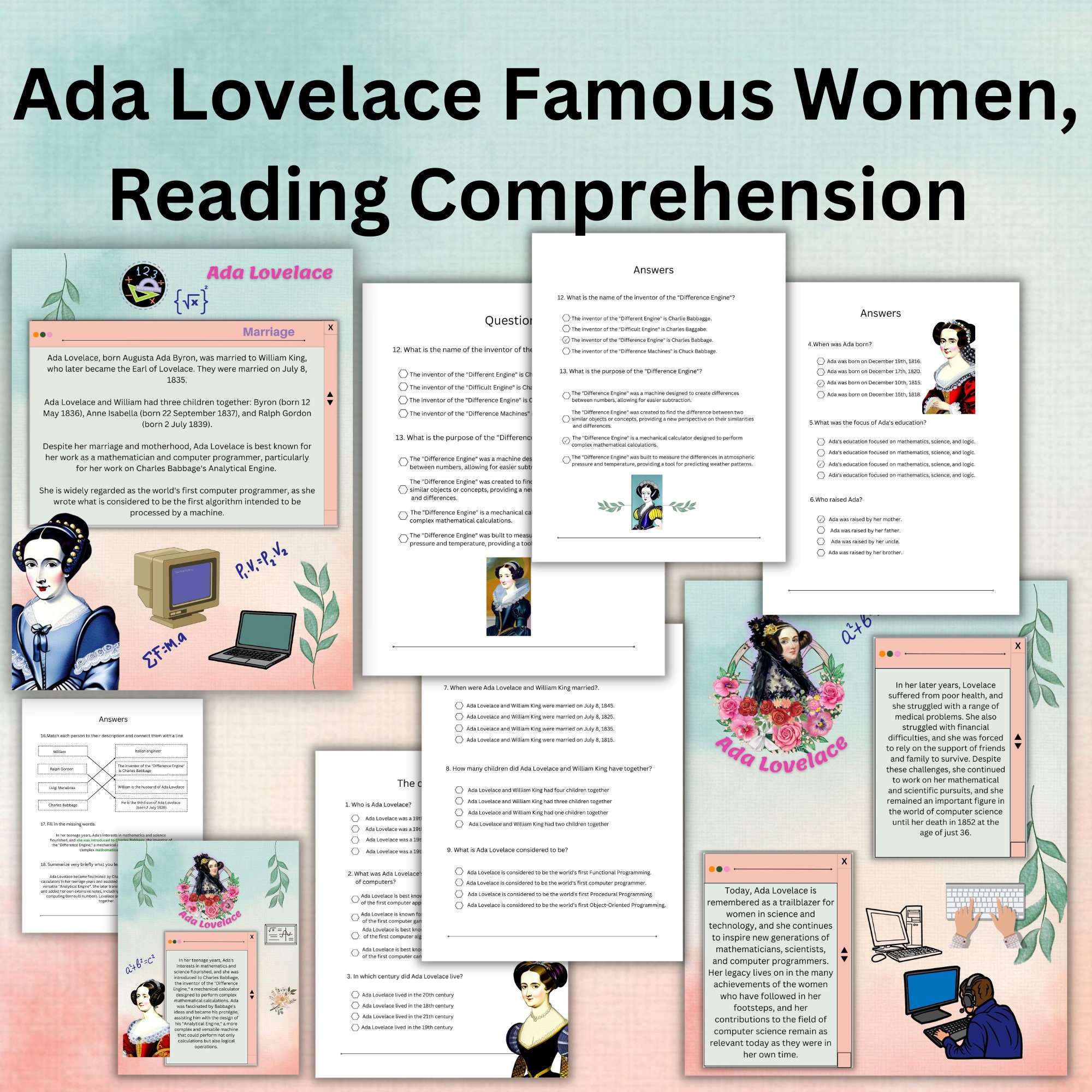 Ada Lovelace Famous Women, Reading Comprehension Passage - Etsy