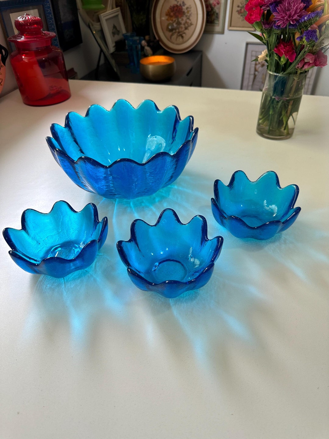 Vintage Peacock Blue Blenko Lotus Bowls. 4 Pc Set. 6143L - Etsy
