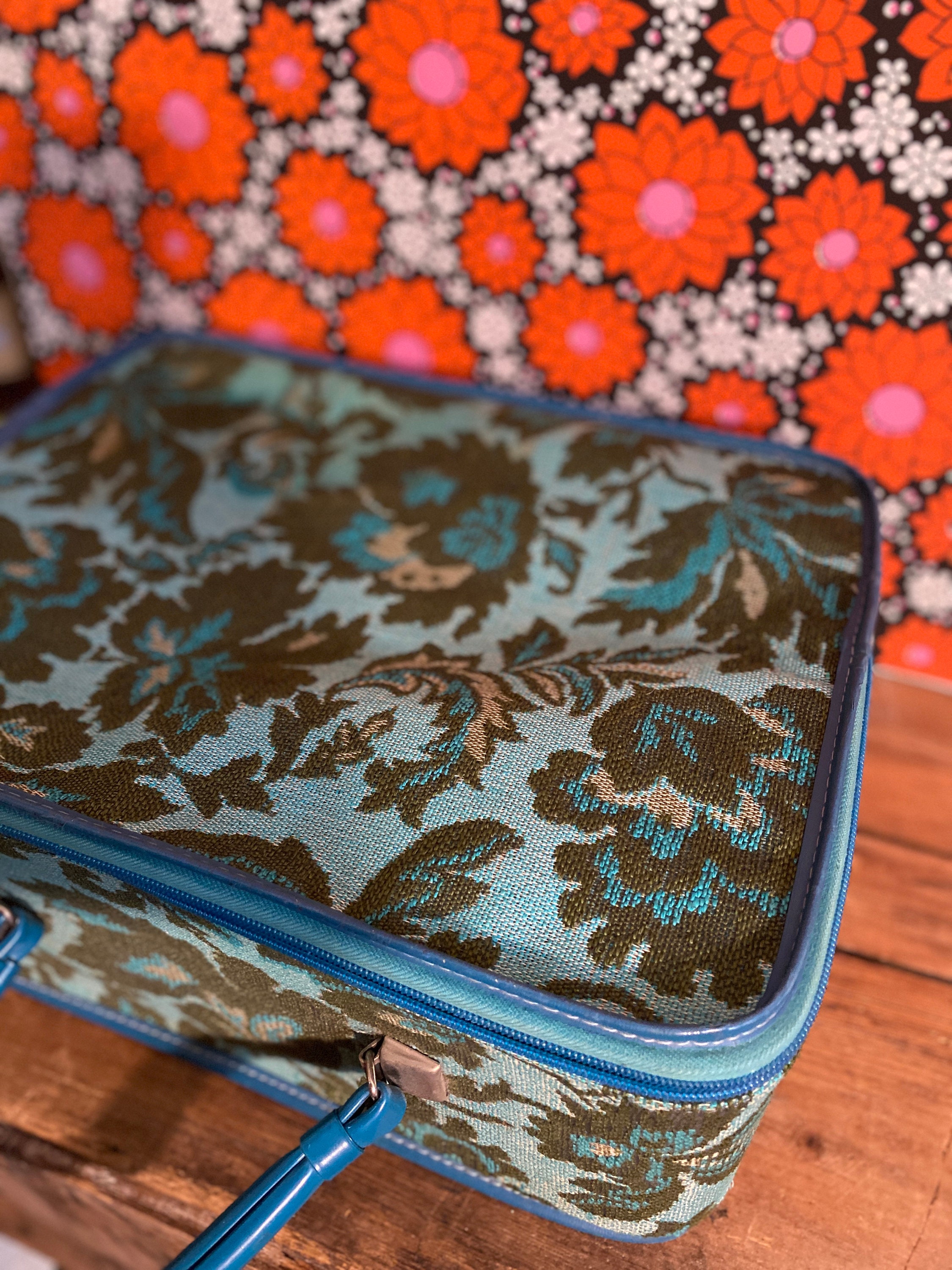 Vintage AVON 1960s Teal and Blue Tapestry Print Suitcase , Overnight ...