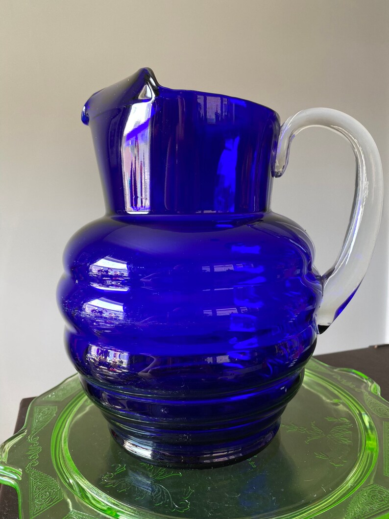 Louie Glass Co. Harpo Cobalt Blue Pitcher , Honeycomb , Bubble Glass ...