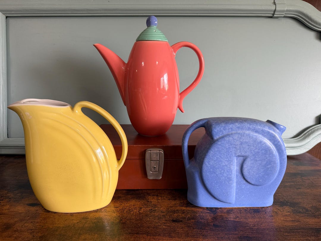 Mccoy Blue Pitcher, Yellow Hall Pitcher, Lindt Steimeist Tea Pot. Sold ...