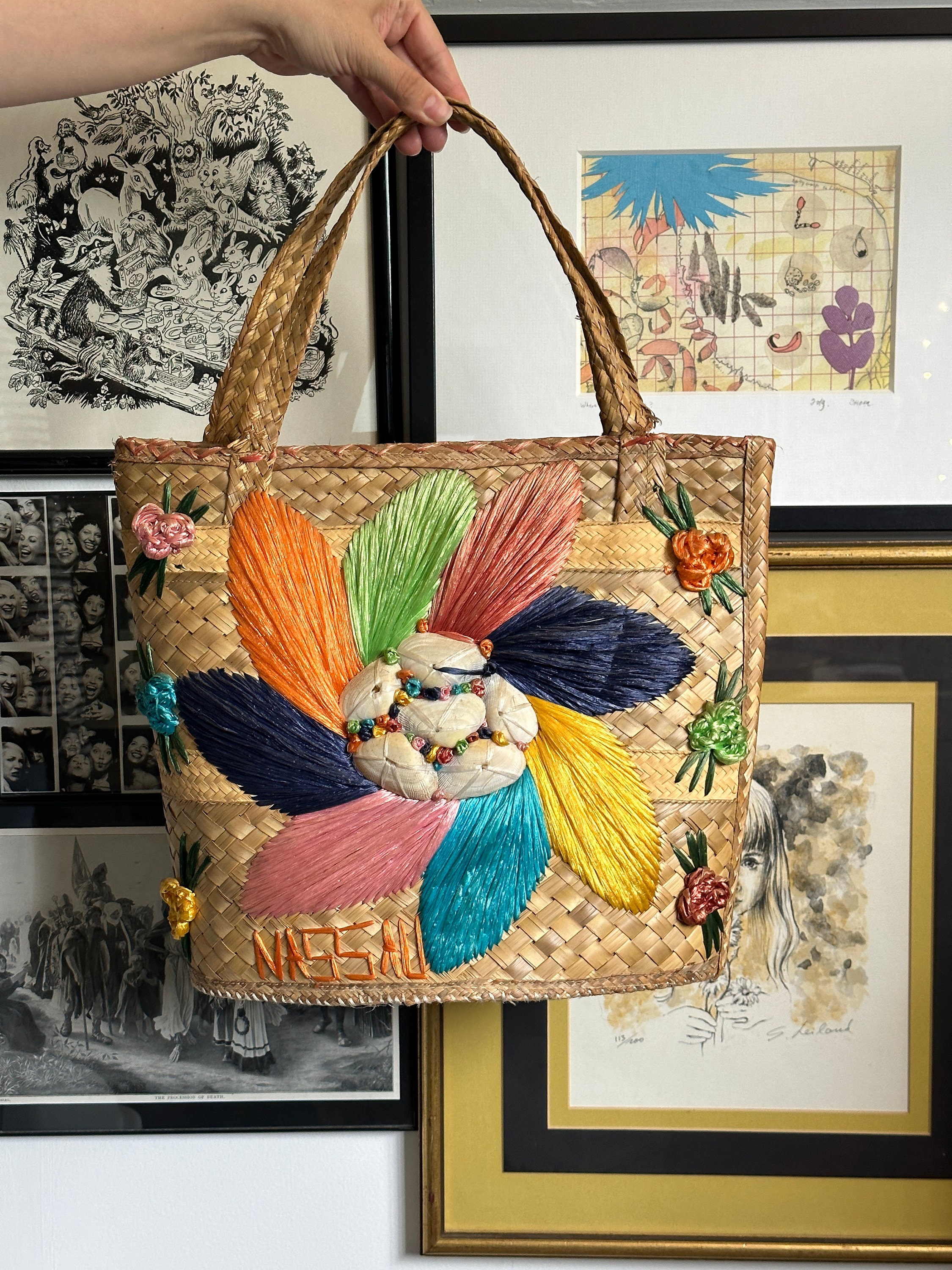 Vintage Bahamian Straw Bag With Straw Flowers and Real Shells Flower ...