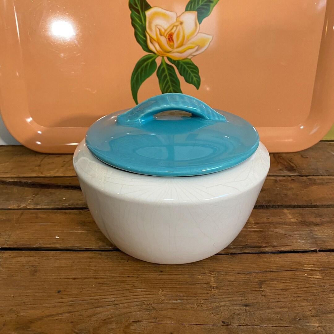 Mid Century Modern California Pottery Lidded Bowl: Turquoise Leaf ...